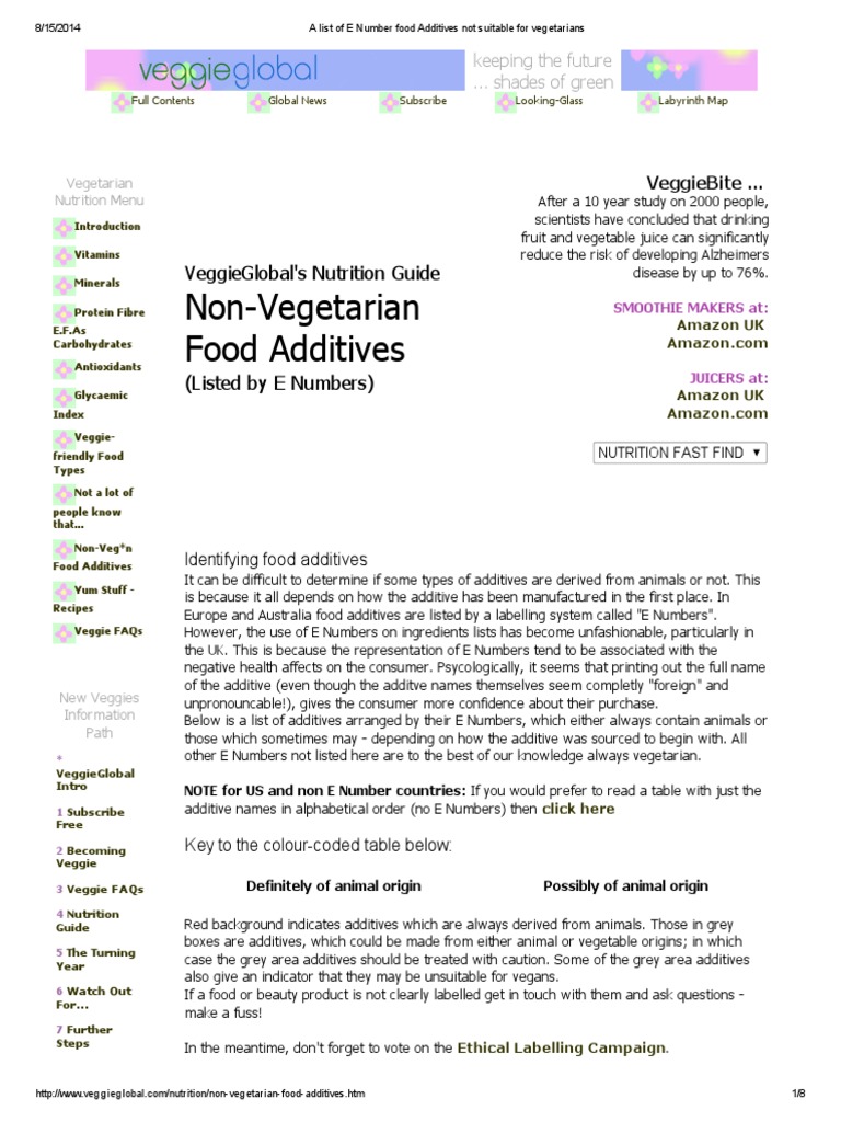 A List of E Number Food Additives Not Suitable For Vegetarians | PDF ...