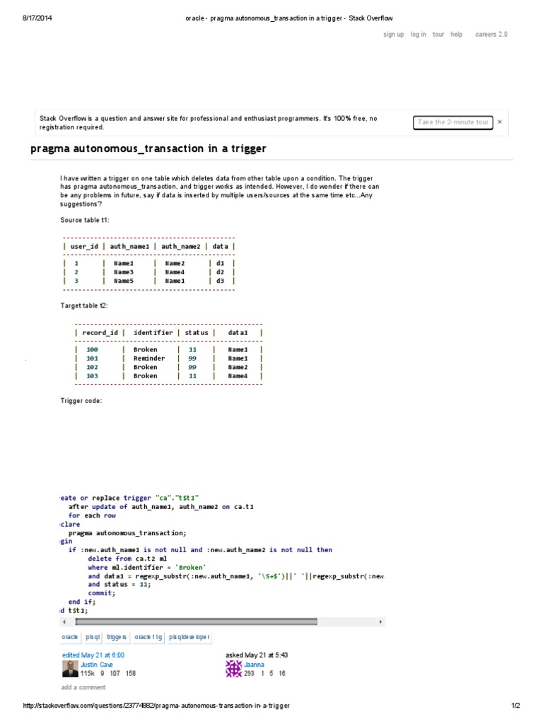 Oracle - Pragma Autonomous - Transaction in A Trigger - Stack Overflow | PDF | Database ...