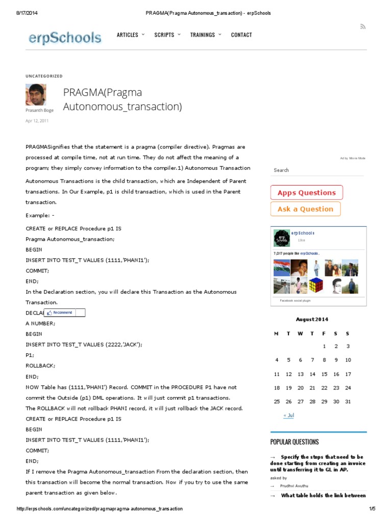 PRAGMA (Pragma Autonomous - Transaction) - ErpSchools | PDF | Oracle Database | Software Engineering