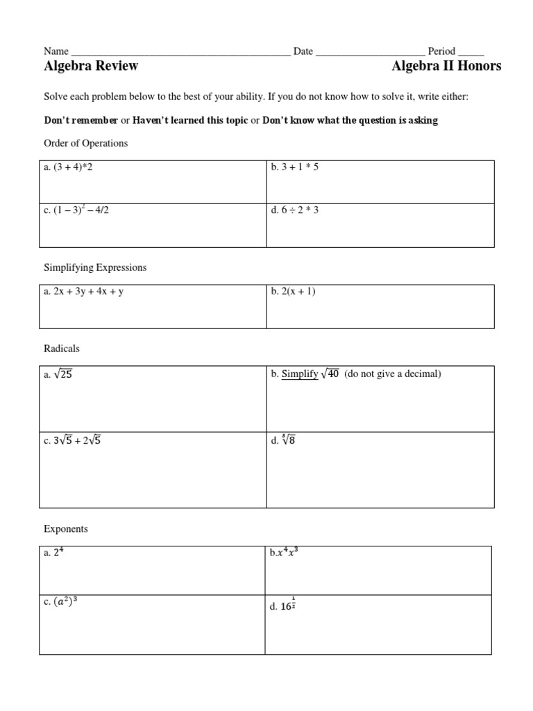 Algebra II Honors Review Worksheet | PDF