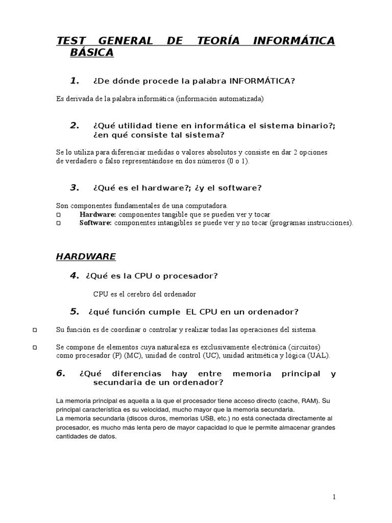 Test General de Teoria Informatica Basica 1 Bachillerato | PDF ...