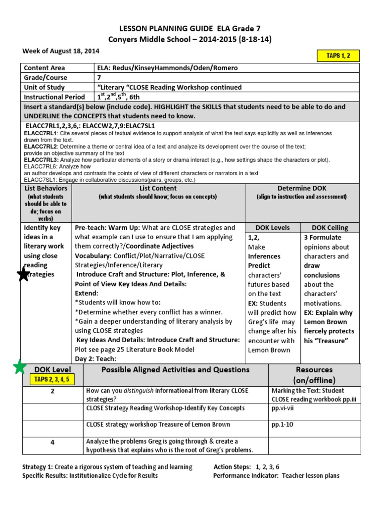 Week 4 Lesson Plans Aug 18, 2014 ELA Grade 7 | PDF | Reading ...
