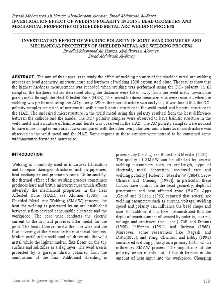 Investigation Effect of Welding Polarity in Joint Bead Geometry and ...