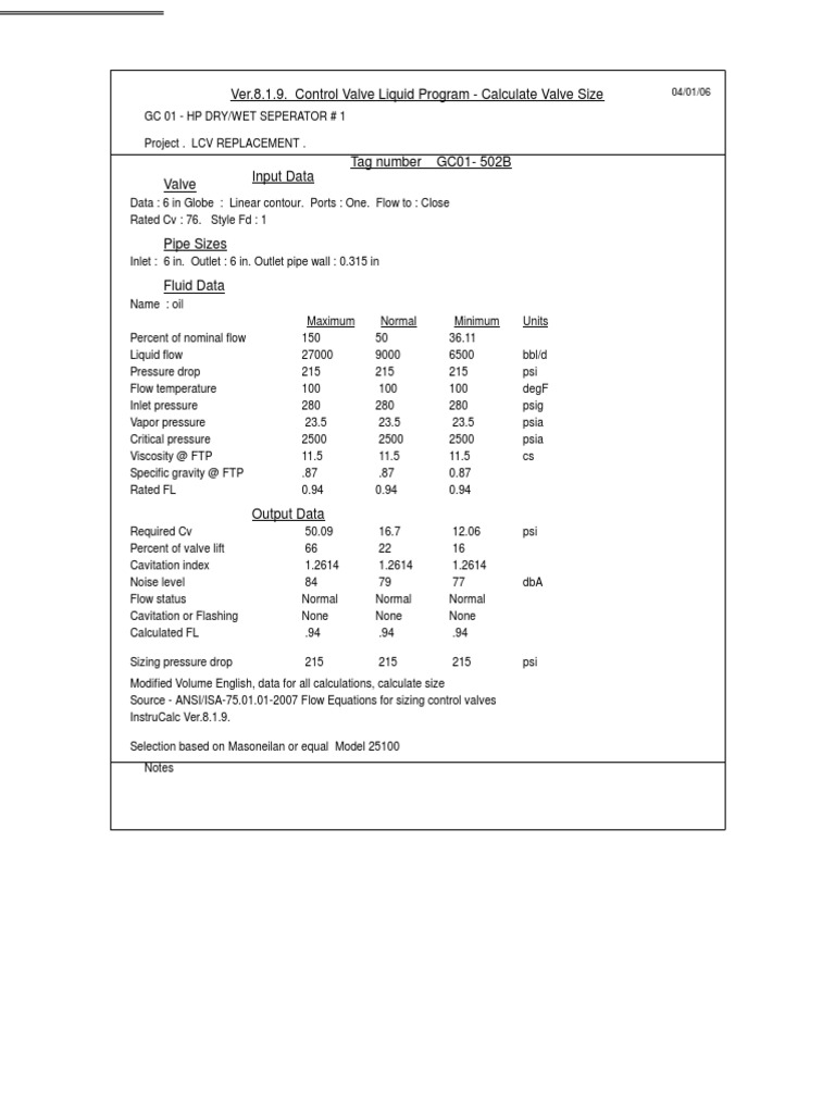 Control Valve Sizing Calculation for GC01-502B Liquid Separator Using ...
