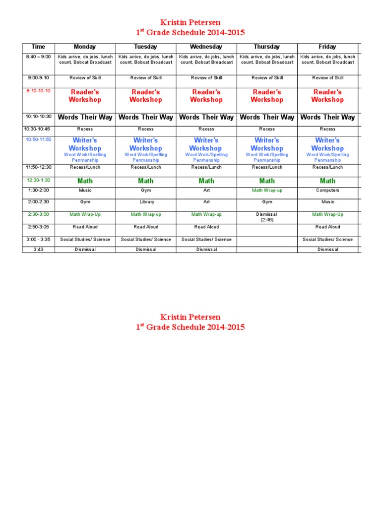 1st Grade Daily Schedule | PDF | Career & Growth