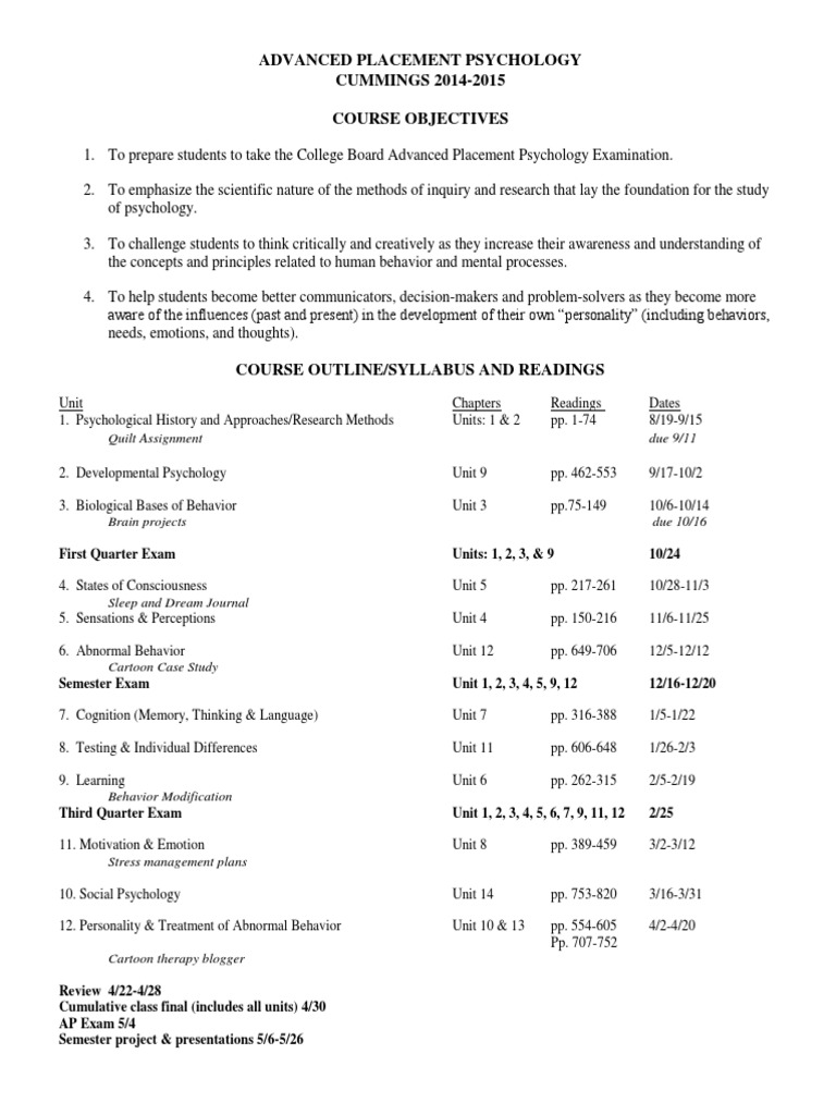 AP Psychology Course Syllabus 2014-2015 | PDF