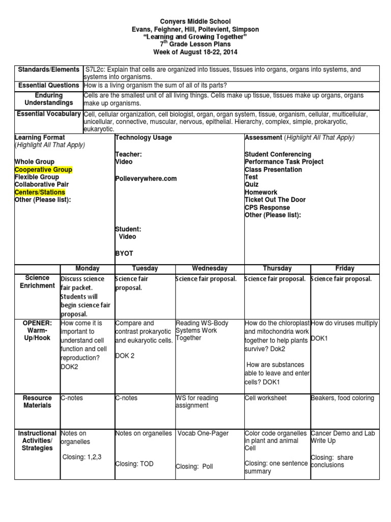 7sci Lesson Plan August 18-22, 2014 | PDF | Organ (Anatomy) | Cell ...