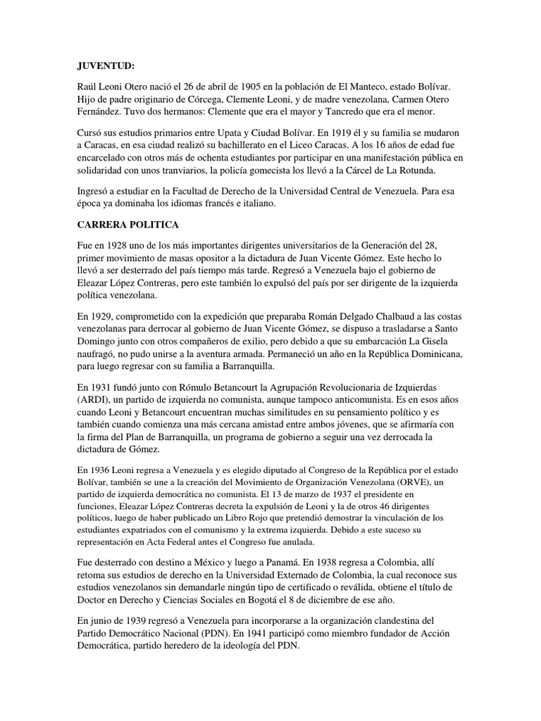 Raul Leoni Vida y Obra | Descargar gratis PDF | Venezuela | Gobierno