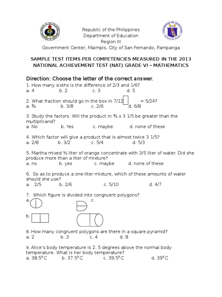 Analysis of Sample Test Items for the 2013 National Achievement Test ...