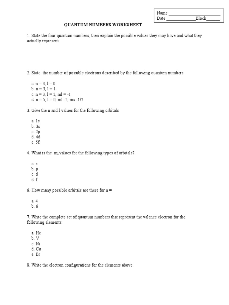 Quantum Numbers Worksheet | PDF | Atomic Orbital | Electron Configuration