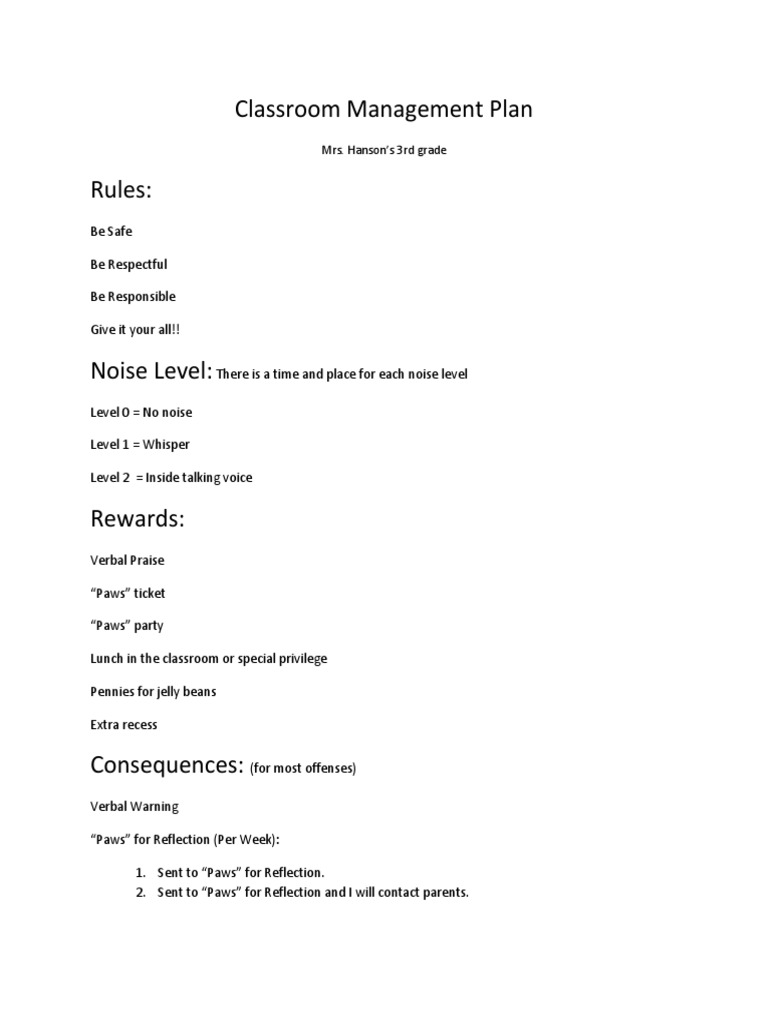 3rd Grade Classroom Management Plan | PDF | Language Arts & Discipline ...