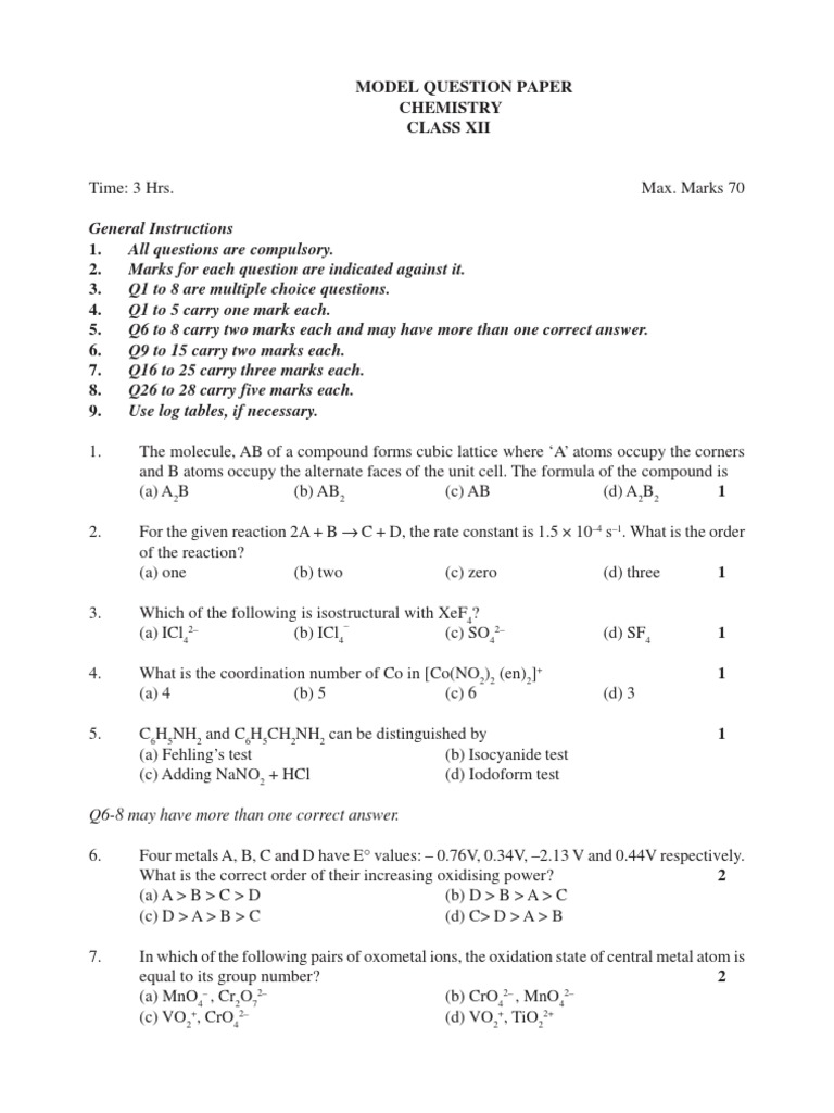 Model Question Paper Chemistry Class Xii | PDF
