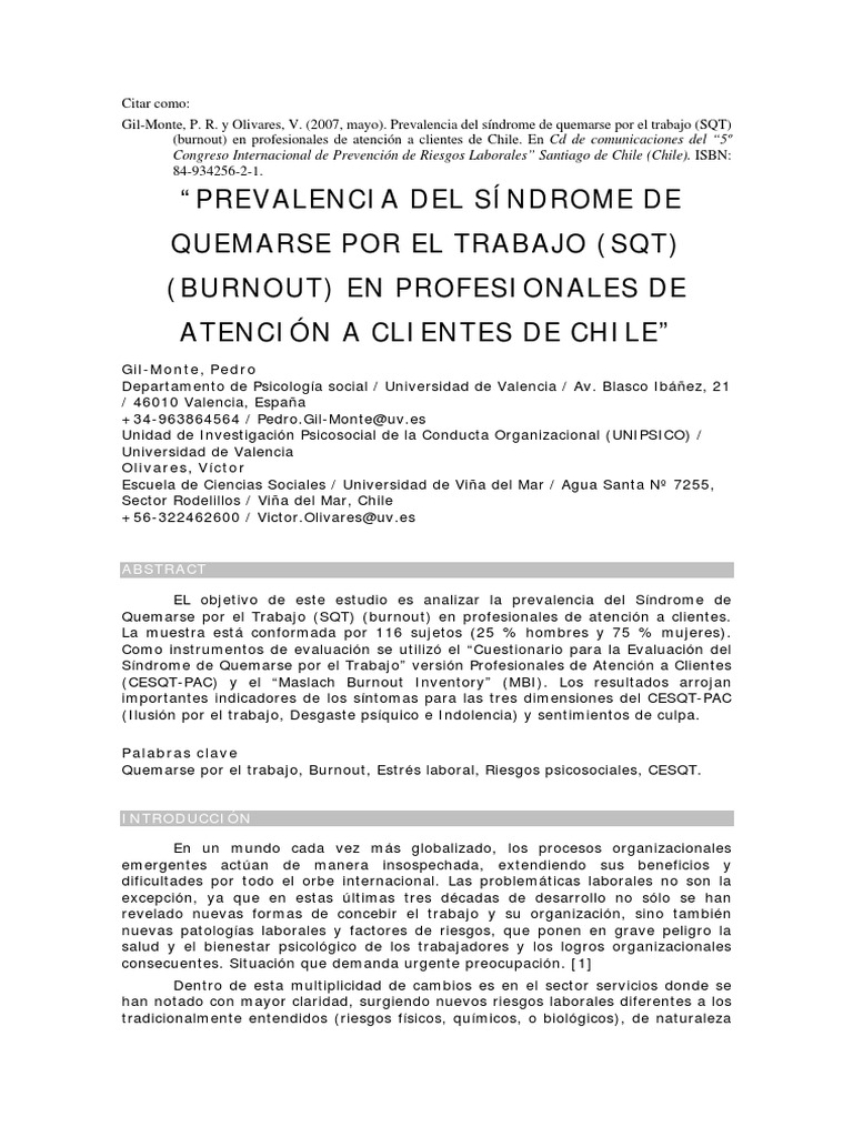 2007 Gil-Monte y Olivares | PDF | Burnout ocupacional | Conceptos ...