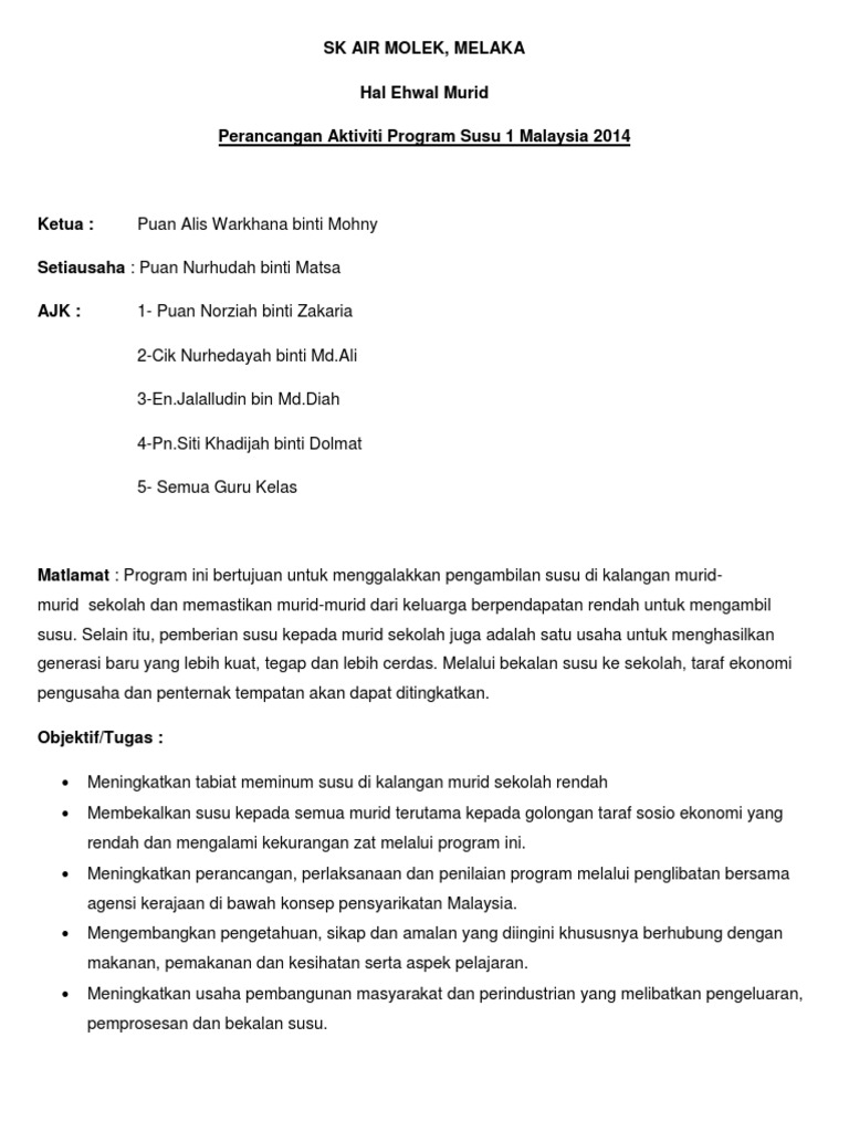 Aktiviti Program Susu 1 Malaysia | PDF