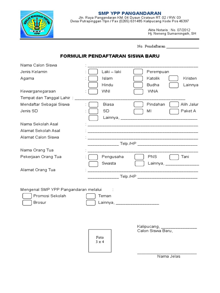 Contoh Formulir Pendaftaran SMP | PDF