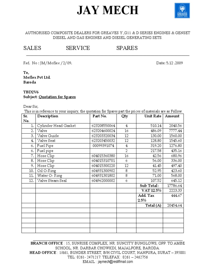 Quotation for Engine Spare Parts | PDF | Propulsion | Machines