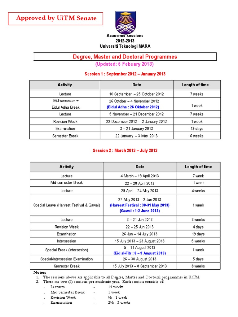UiTM Academic Sessions 2012-2013 Schedule | PDF | Academic Term ...