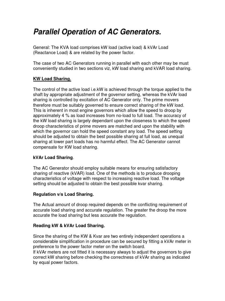 Parallel Operation of AC Generators | PDF | Electrical Grid ...