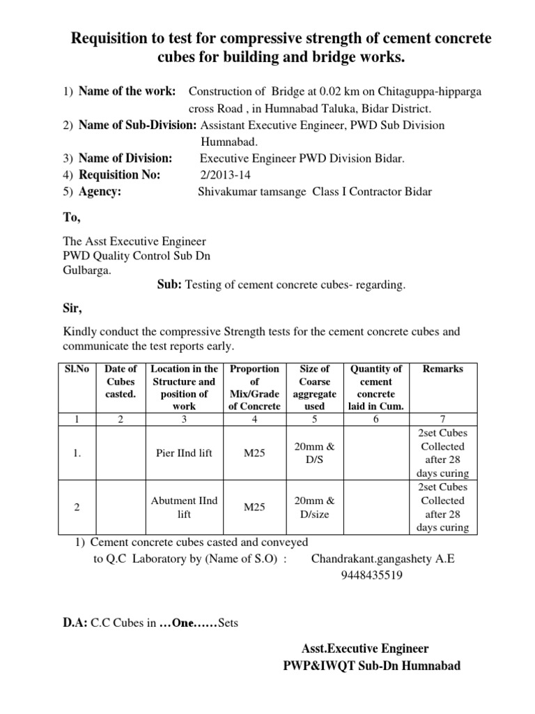 Requisition To Test For Compressive Strength of Cement Concrete Cubes ...
