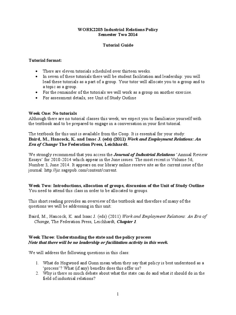 WORK2203 Tutorial-Guide 2014 | PDF | Industrial Relations | Trade Union
