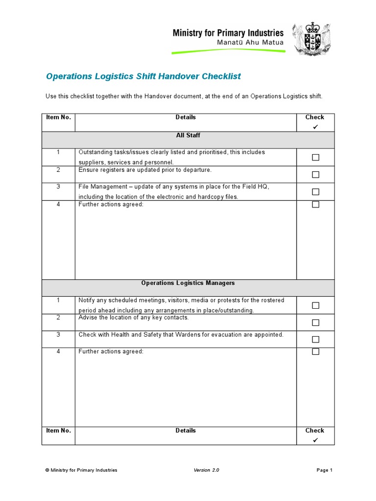 Operations Logistics Shift Handover Checklist | PDF