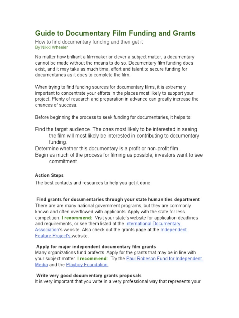 Guide To Documentary Film Funding and Grants | PDF | Documentary Film ...