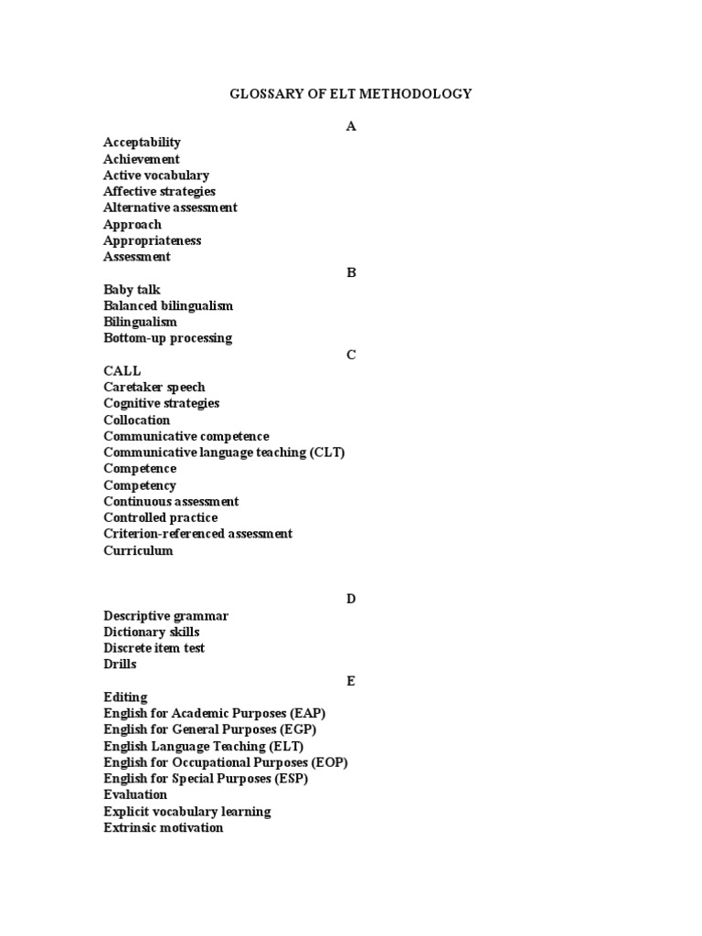 Glossary of ELT Methodology | PDF | Linguistics | Learning