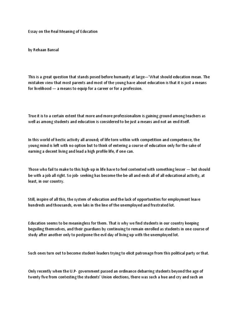 Essay On The Real Meaning of Education | PDF | Mind