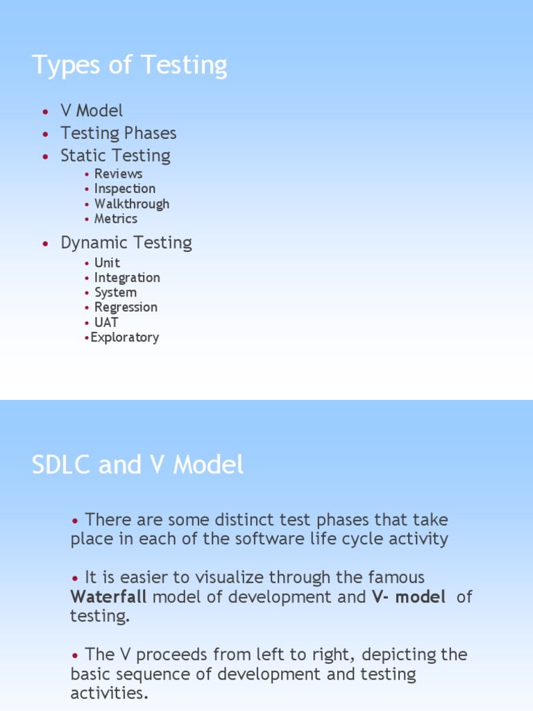 Types of Testing: V Model Testing Phases Static Testing | PDF ...