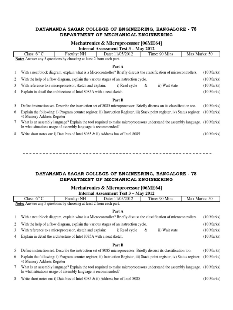 Mechatronics Test Paper | PDF | Instruction Set | Microprocessor