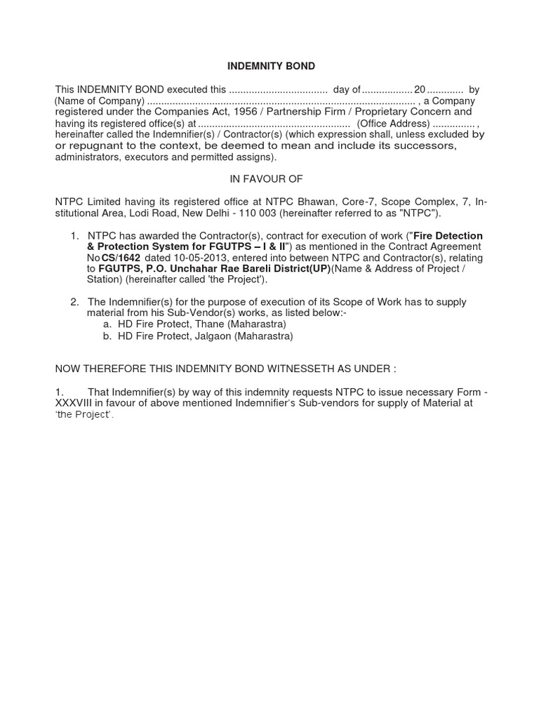 Indemnity Bond | Indemnity | Business Law