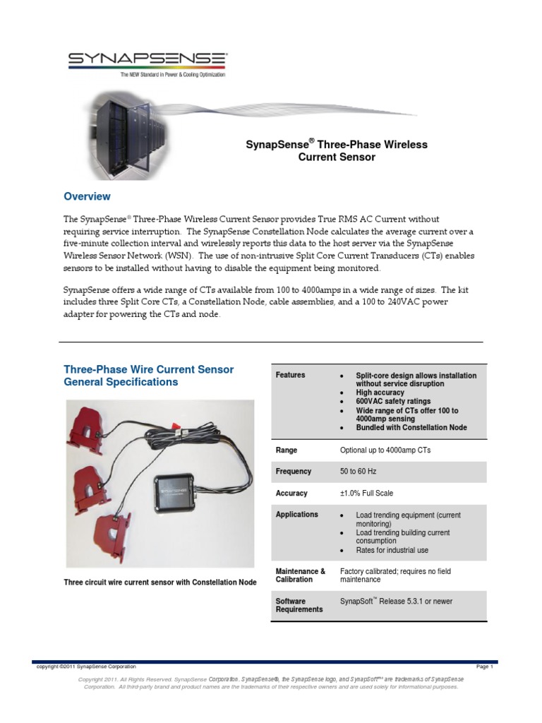 SynapSense Three Phase Wireless Current Sensor Data Sheet | PDF ...