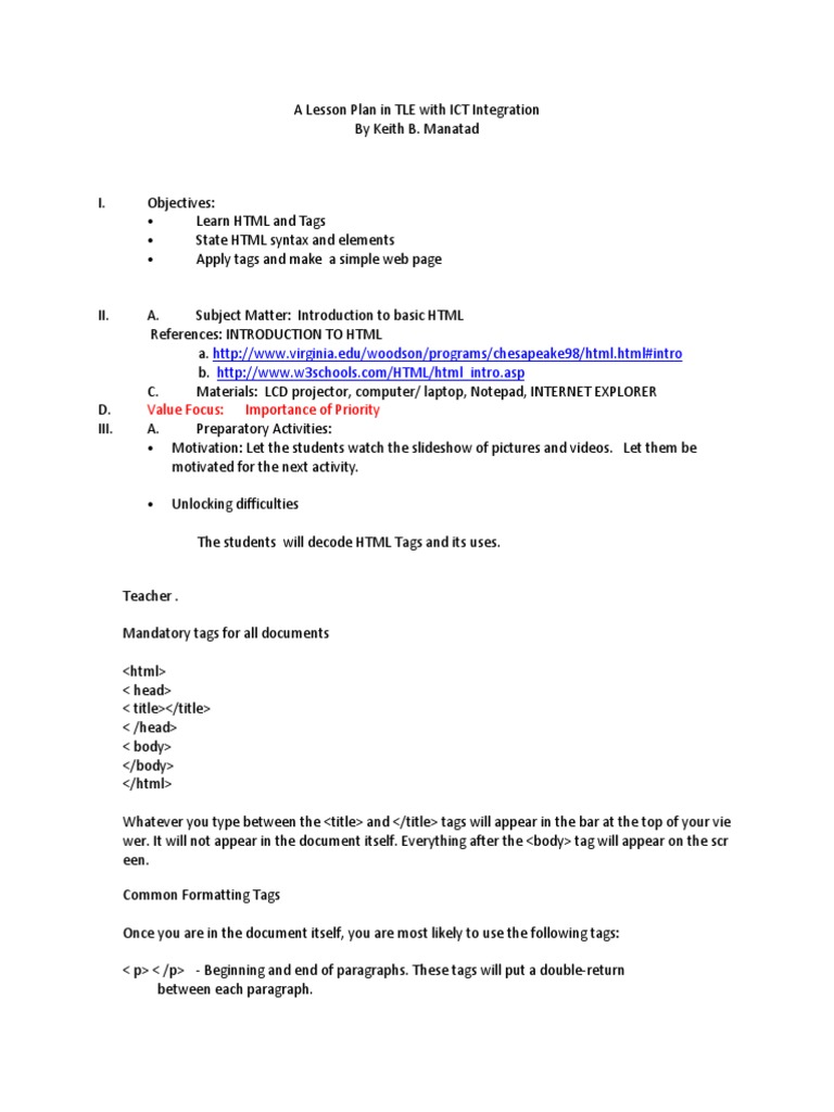 Ict - HTML Lesson Plan Example | PDF | Html | Html Element