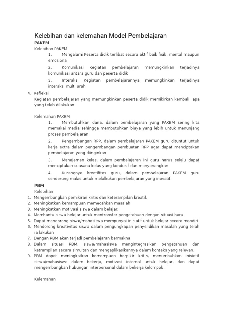Kelebihan Dan Kelemahan Model Pembelajaran | PDF | Karier & Perkembangan