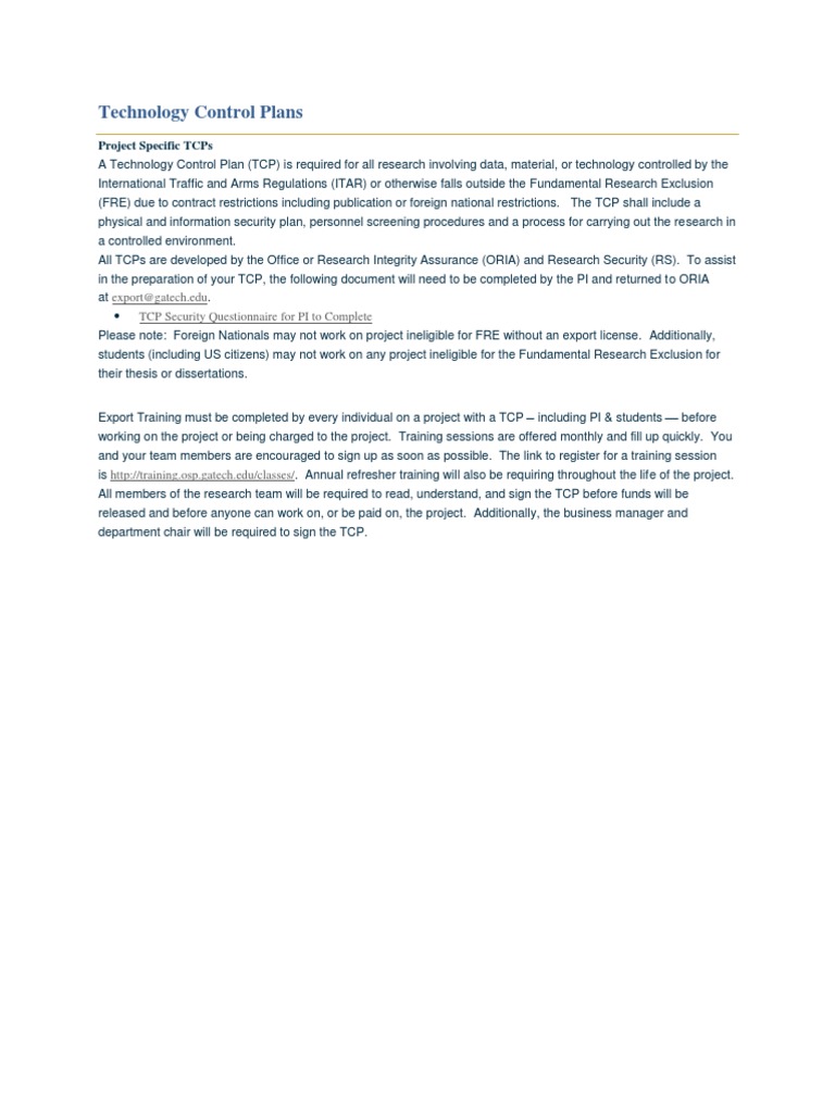 Technology Control Plans for Research | PDF