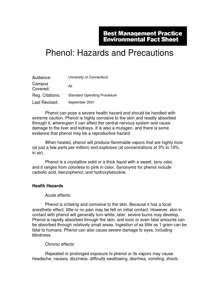 Phenol Hazards and Precautions | PDF | Chemical Substances | Chemistry