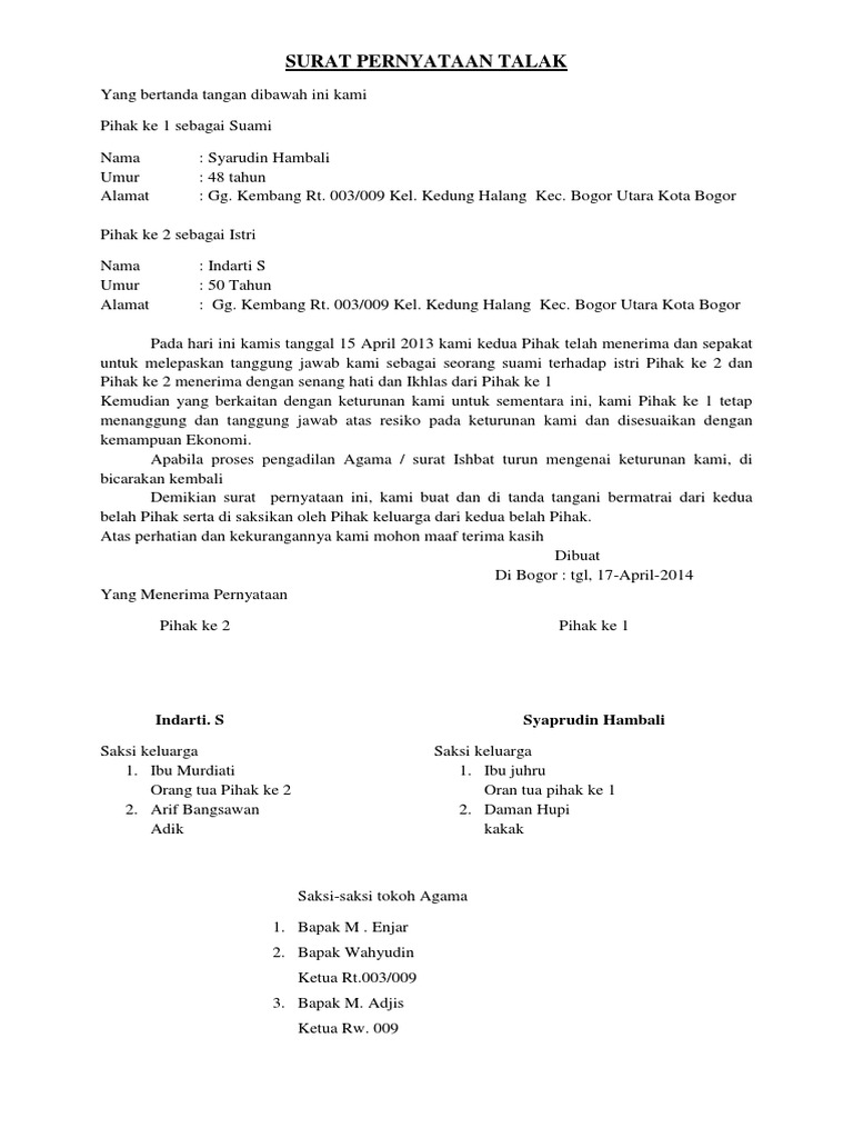 Surat Pernyataan Talak 2 | PDF