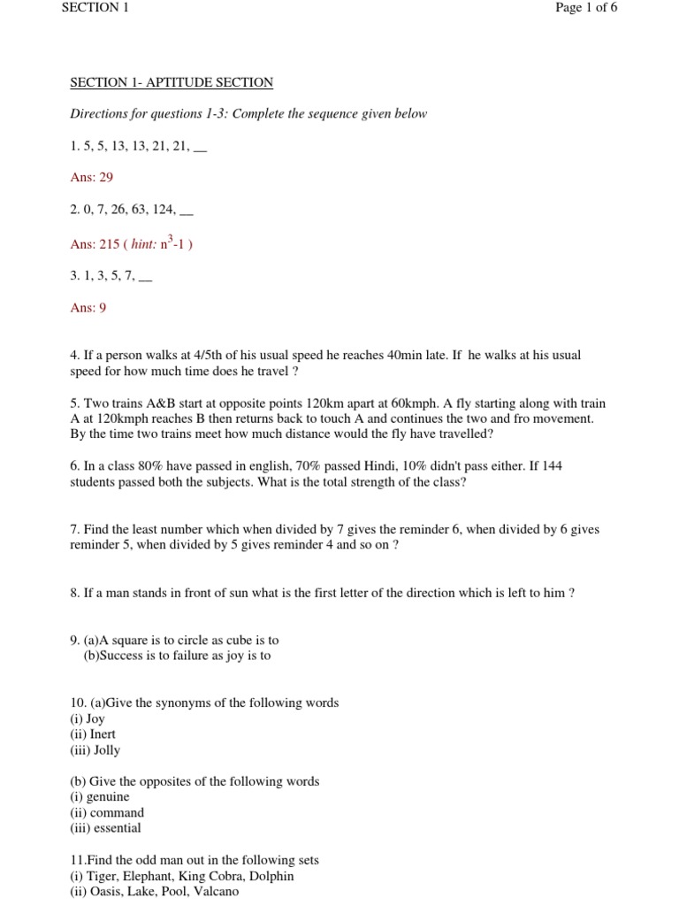 Directions For Questions 1-3: Complete The Sequence Given Below | PDF ...