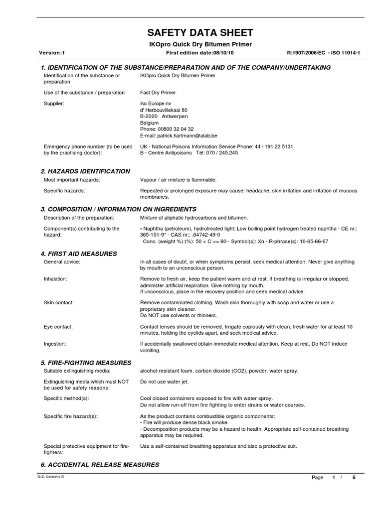 IKOpro Quick Dry Bitumen Primer MSDS | PDF | Personal Protective ...
