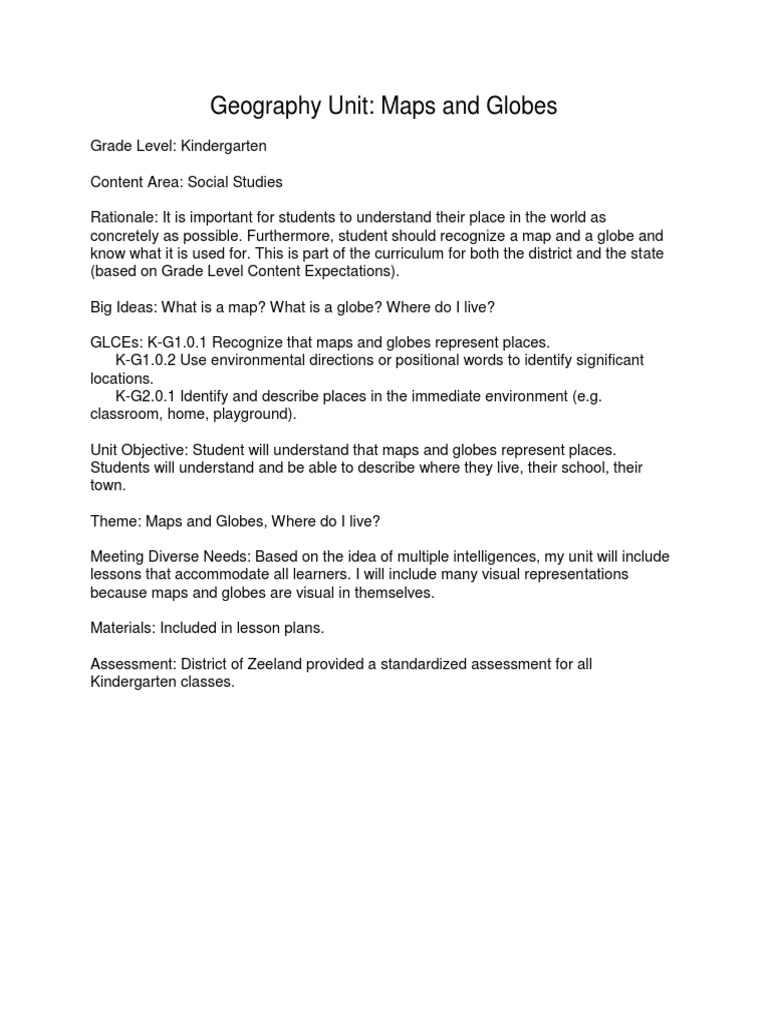 Maps and Globes Unit | PDF | Educational Assessment | Classroom