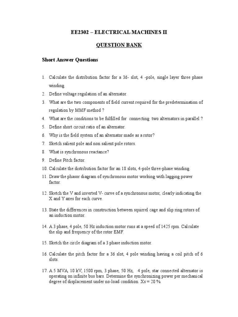 Ee2302 - Electrical Machines Ii Question Bank Short Answer Questions ...