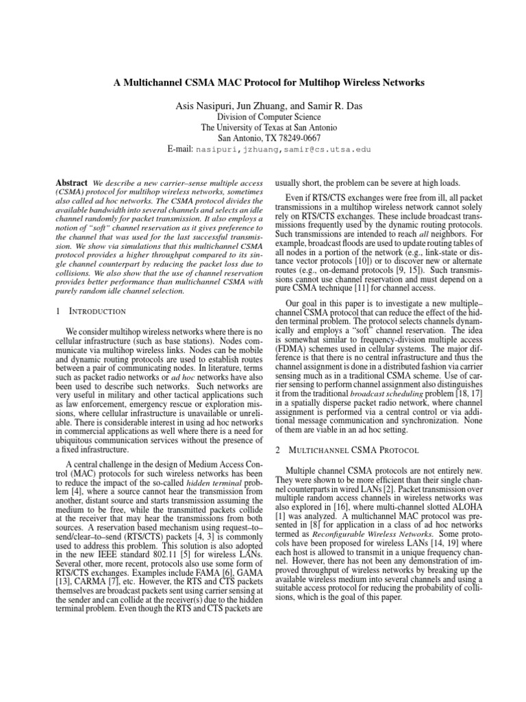 A Multichannel CSMA MAC Protocol For Multihop Wireless Networks | PDF | Wireless Lan | Computer ...