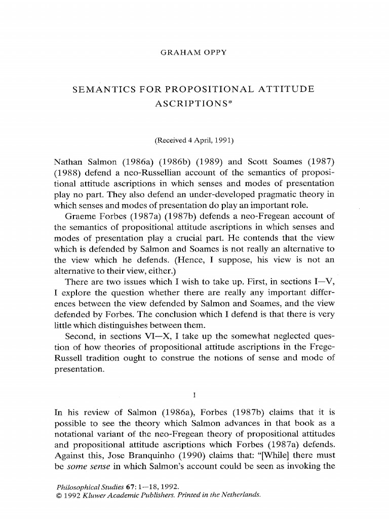 Graham Oppy (1991) - Semantics For Propositional Attitude Ascriptions | PDF | Proposition ...