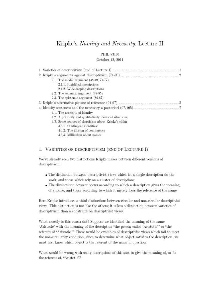 Kripke's Naming and Necessity, 2011, Lecture 2 | PDF | A Priori And A Posteriori | Modal Logic
