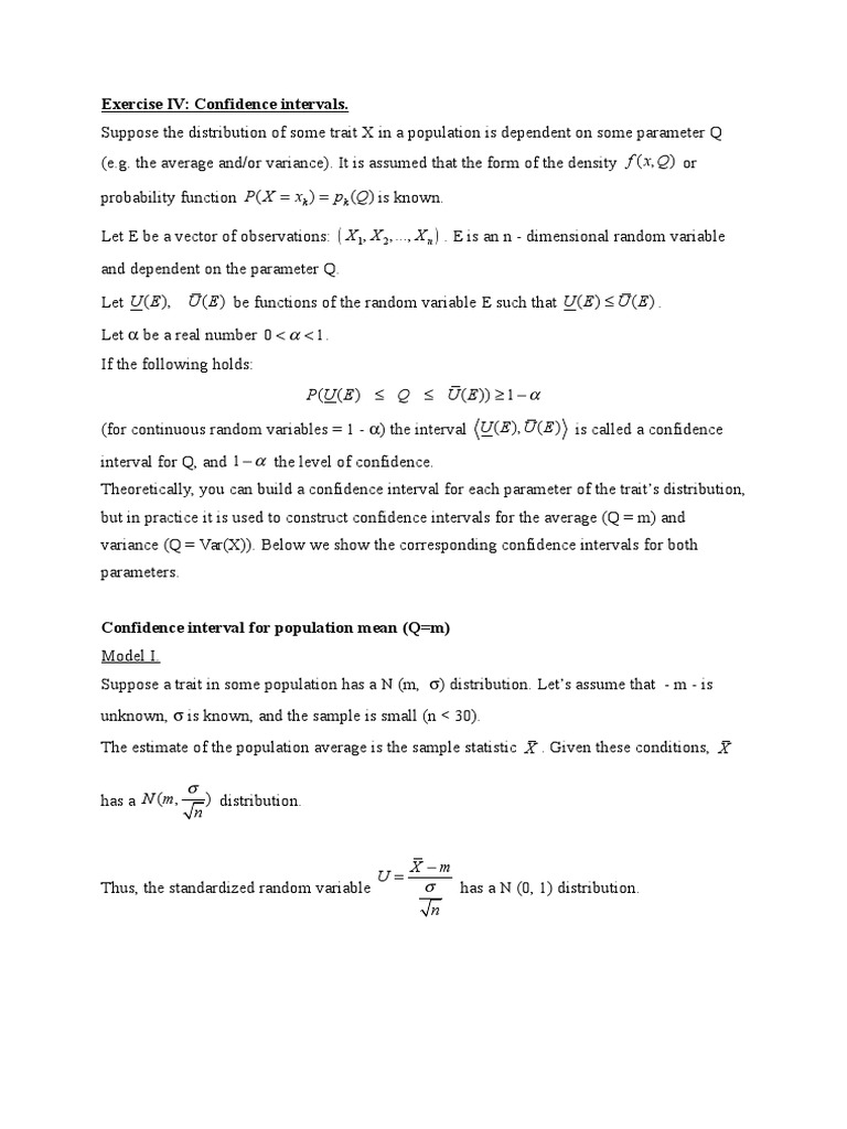 Exercise IV: Confidence intervals for population parameters | PDF | Confidence Interval | Normal ...
