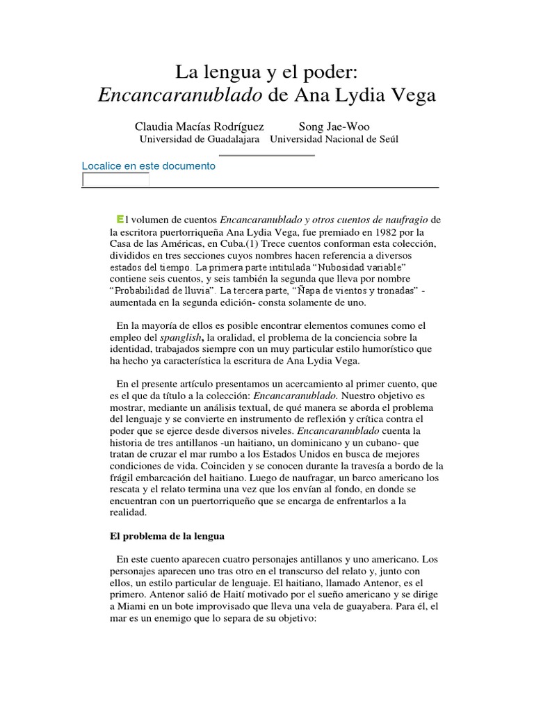 La Lengua y El Poder en Encaranublados de Ana Lydia Vega | PDF | Lengua ...