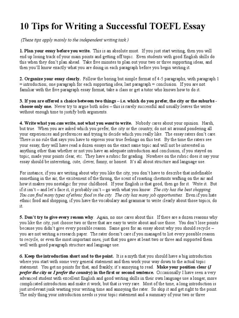 10 Tips For Writing A Successful TOEFL Essay | PDF | Essays | Test Of ...