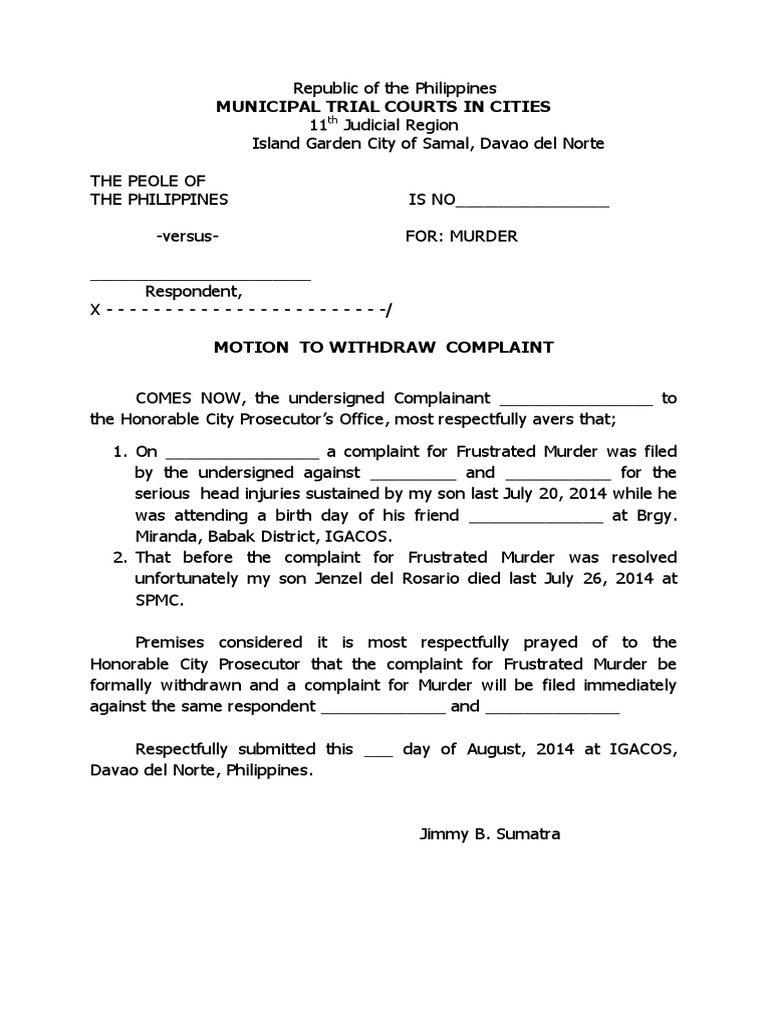 Motion To Withdraw Complaint | PDF | Complaint | Crime & Violence