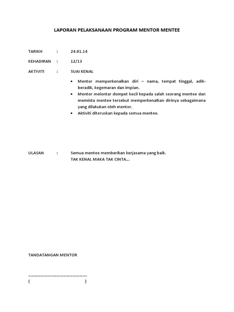 Laporan Pelaksanaan Program Mentor Mentee 1 | PDF | Karier & Perkembangan | Ilmu Sosial