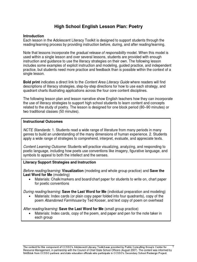 High School English Lesson Plane | PDF | Poetry | Cognitive Science